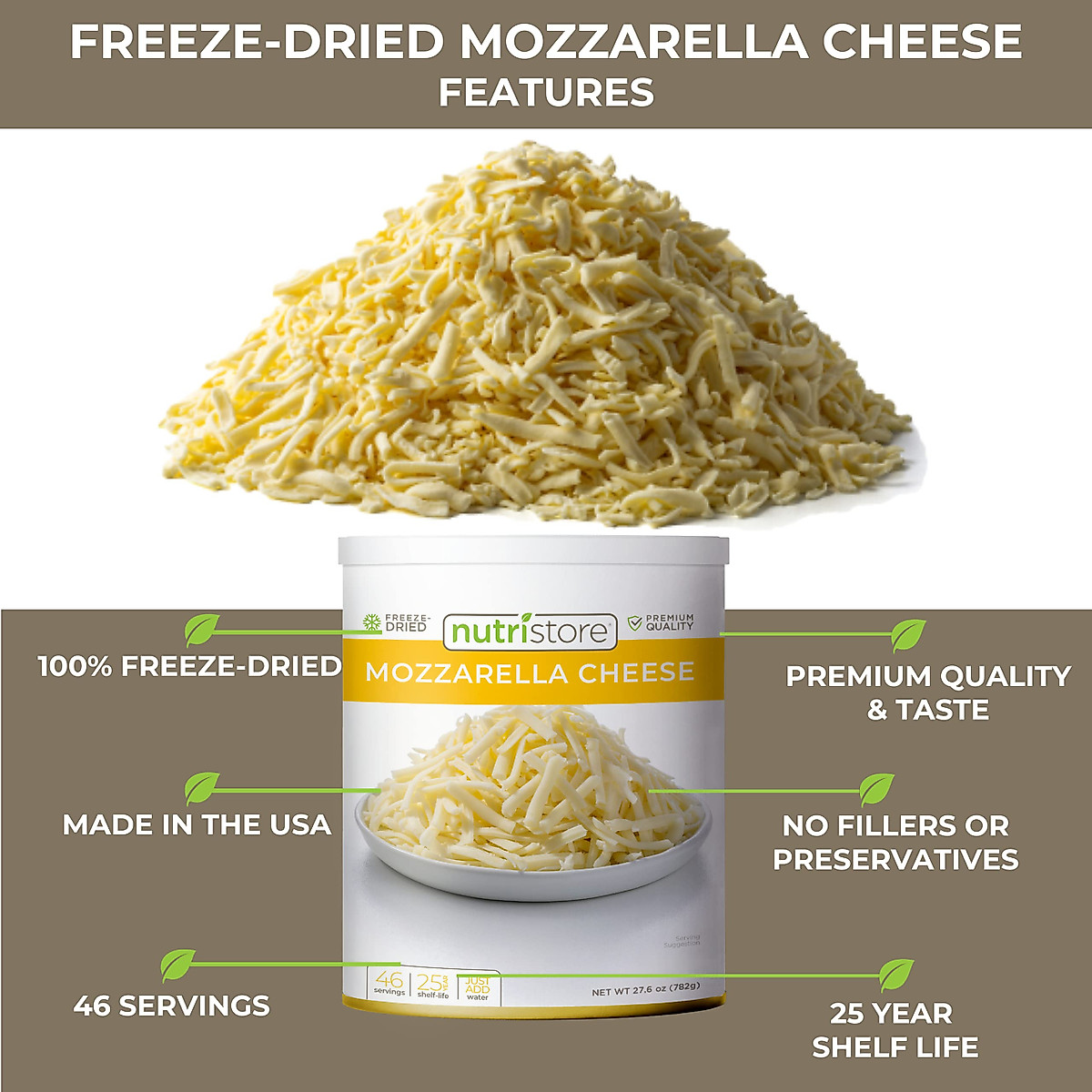 Nutristore Freeze Dried Mozzarella Cheese Shredded | Bulk Emergency Food Supply | Perfect for Camping, Backpacking and Everyday Meals or Snacking | 25 Year Shelf Life | #10 Can
