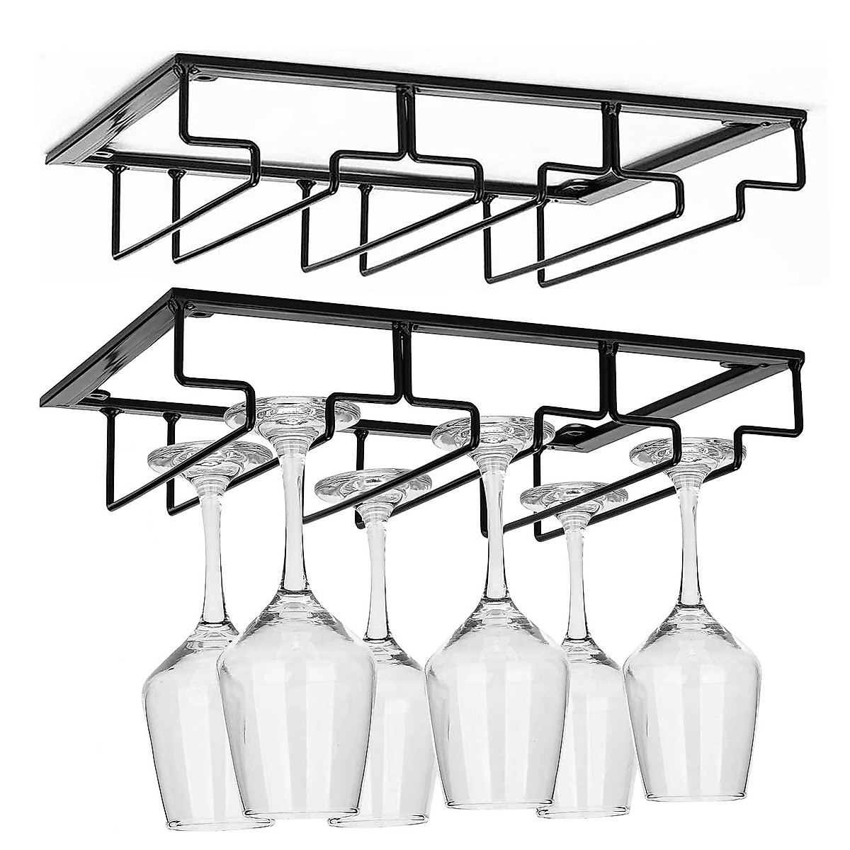 BUDOCI 2Pack Wine Glass Rack 3 Rows Wine Glass Holder Under Cabinet Stemware Wine Glass Hanger Metal Organizer for Kitchen Bar (2Pack, Black)