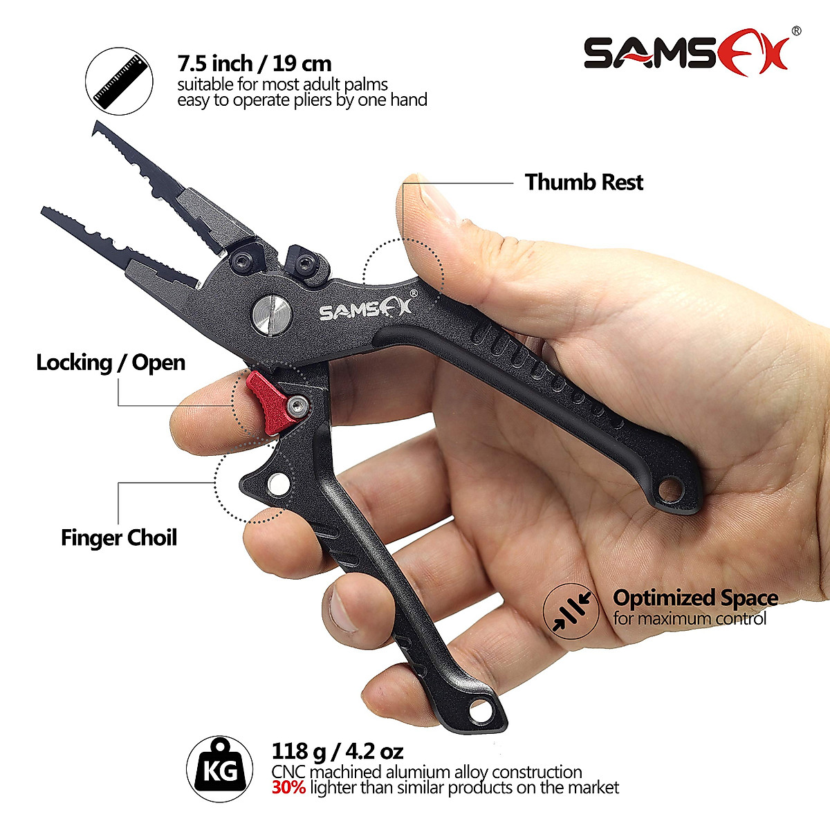 SAMSFX Aluminum Fishing Pliers Hook Remover Braid Line Cutter with Coiled Lanyard, Fly Fishing Knot Tying Tool & Retractors (Gray Handle, Split Ring Nose)