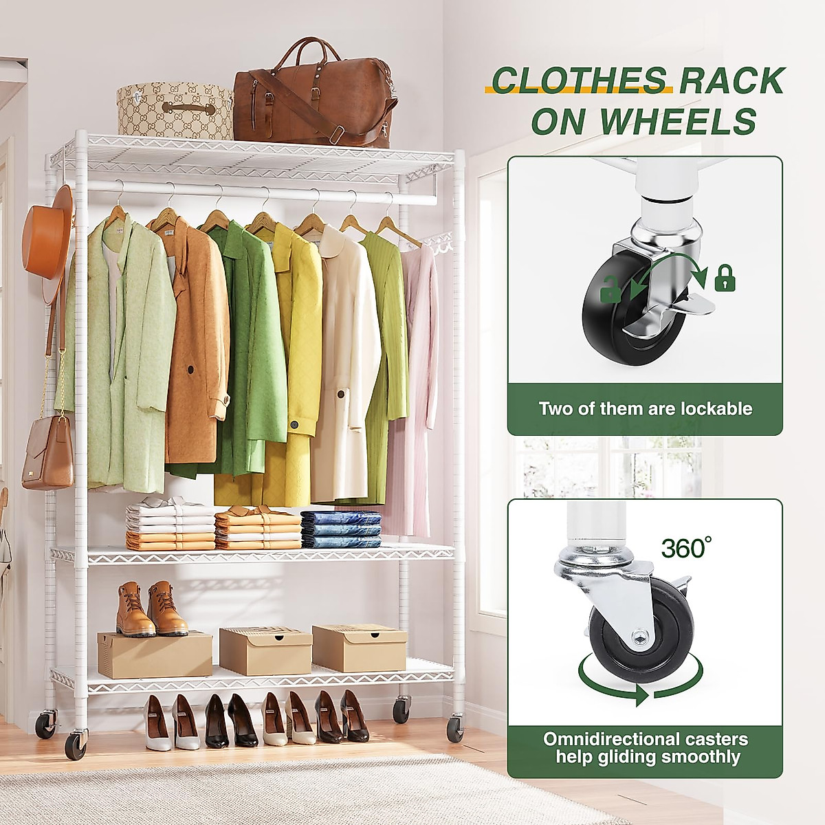 LEHOM G1L 3 Tiers Garment Rack with Storage Shelves, Heavy Duty Rolling Free-Standing Clothing Rack Closet Organizer with Double Rods/Lockable Wheels & 2 Side Hooks, Max Load 450 LBS, White