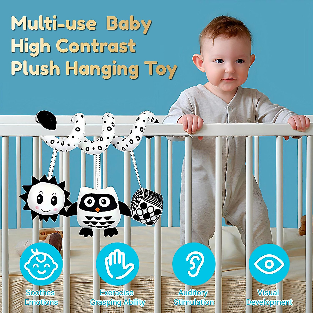 Ebrima Baby Spiral Activity Car Seat Toys, Black and White Baby Toys, High Contrast Baby Sensory Toys, Newborn Hanging Plush Stroller Toys for 0 3 6 9 12 Months Boys Girls (Owl)