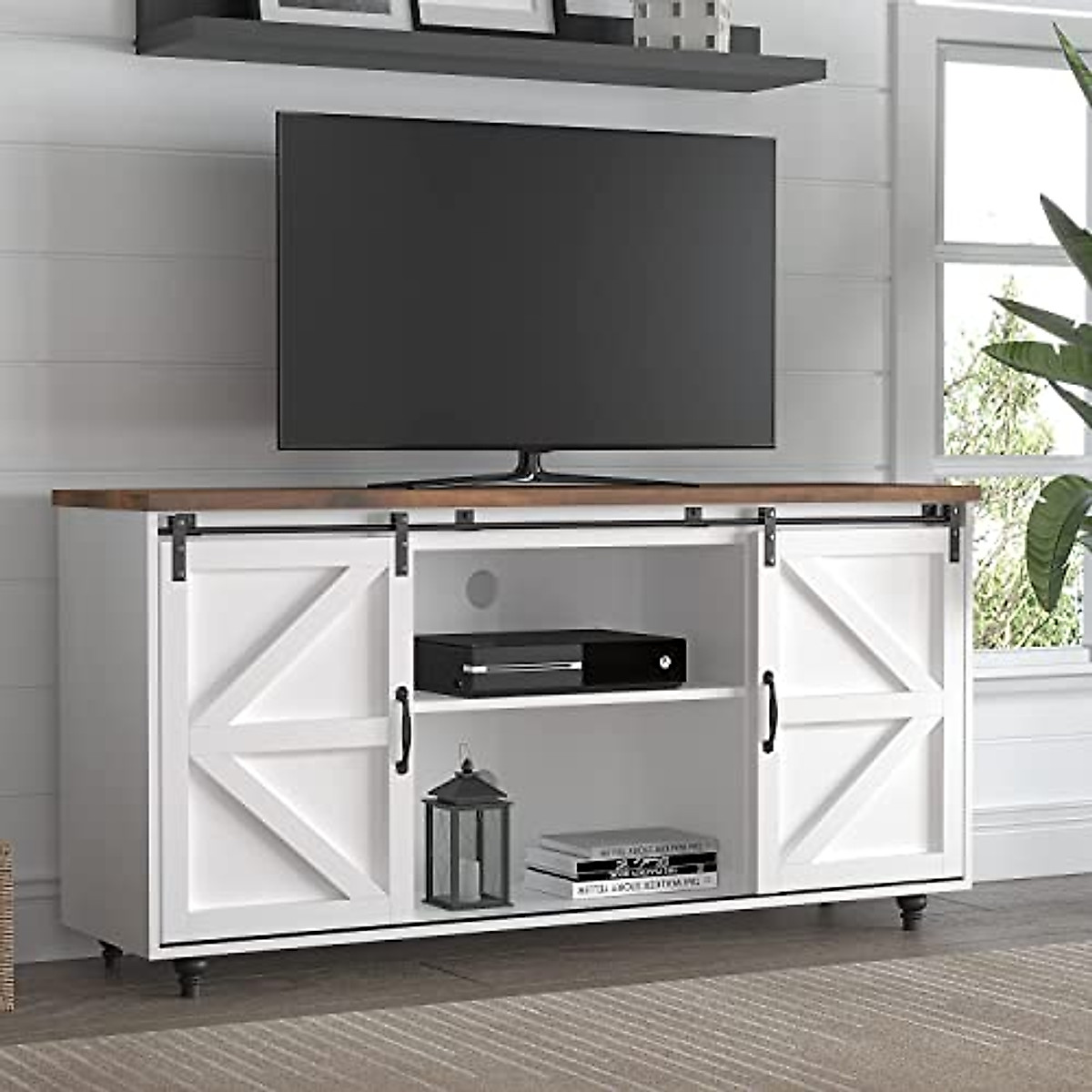 Farmhouse Coffee Bar Cabinet with Storage, 58’’ Kitchen Sideboard Buffet Storage Cabinet with Sliding Barn Door, White Cabinet with Adjustable Shelves, Buffet Table for Living Dining Room