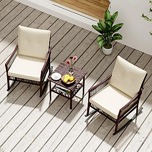 BALDPER 3 PCS Patio Conversation Chair Set with Coffee Table, Rocking Bistro Set, Outdoor Rocking Chairs Set, Wicker Furniture for Porch Deck Garden Poolside, Beige