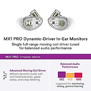 MEE Professional MX1 PRO Advanced Dynamic Driver Musician's In Ear Monitor Headphones with Balanced Sound; Noise Isolating Earbuds Earphones w/ Memory Wire, Optional Customization & Detachable Cables