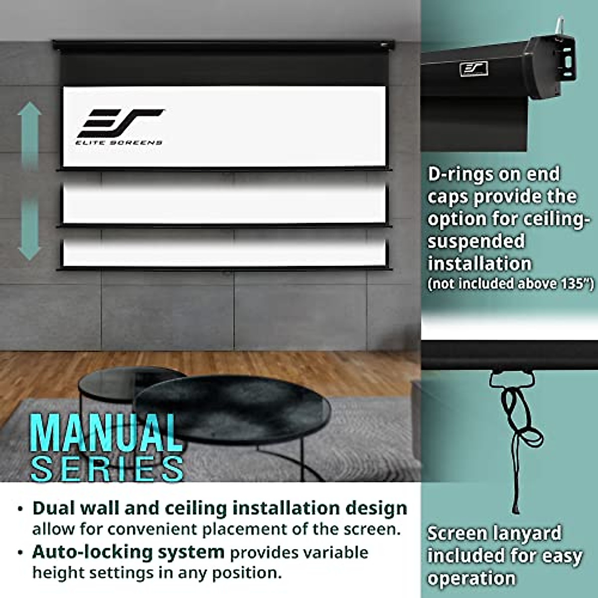 Elite Screens Manual Series, 80-INCH Pull Down Manual Projector Screen with AUTO LOCK, Movie Home Theater 8K / 4K Ultra HD 3D Ready, 2-YEAR WARRANTY, M80UWH, 16:9, Black