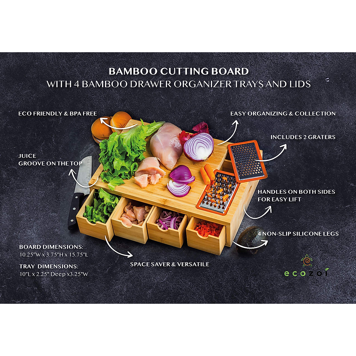 ecozoi Bamboo Cutting Board with 4 Slide Out Drawers with 4 Bamboo Lids for Easy Storage, Non Slip Meal Prep Station, Chopping Board, Wooden Butcher Block with Juice Groove and 2 Bonus Graters