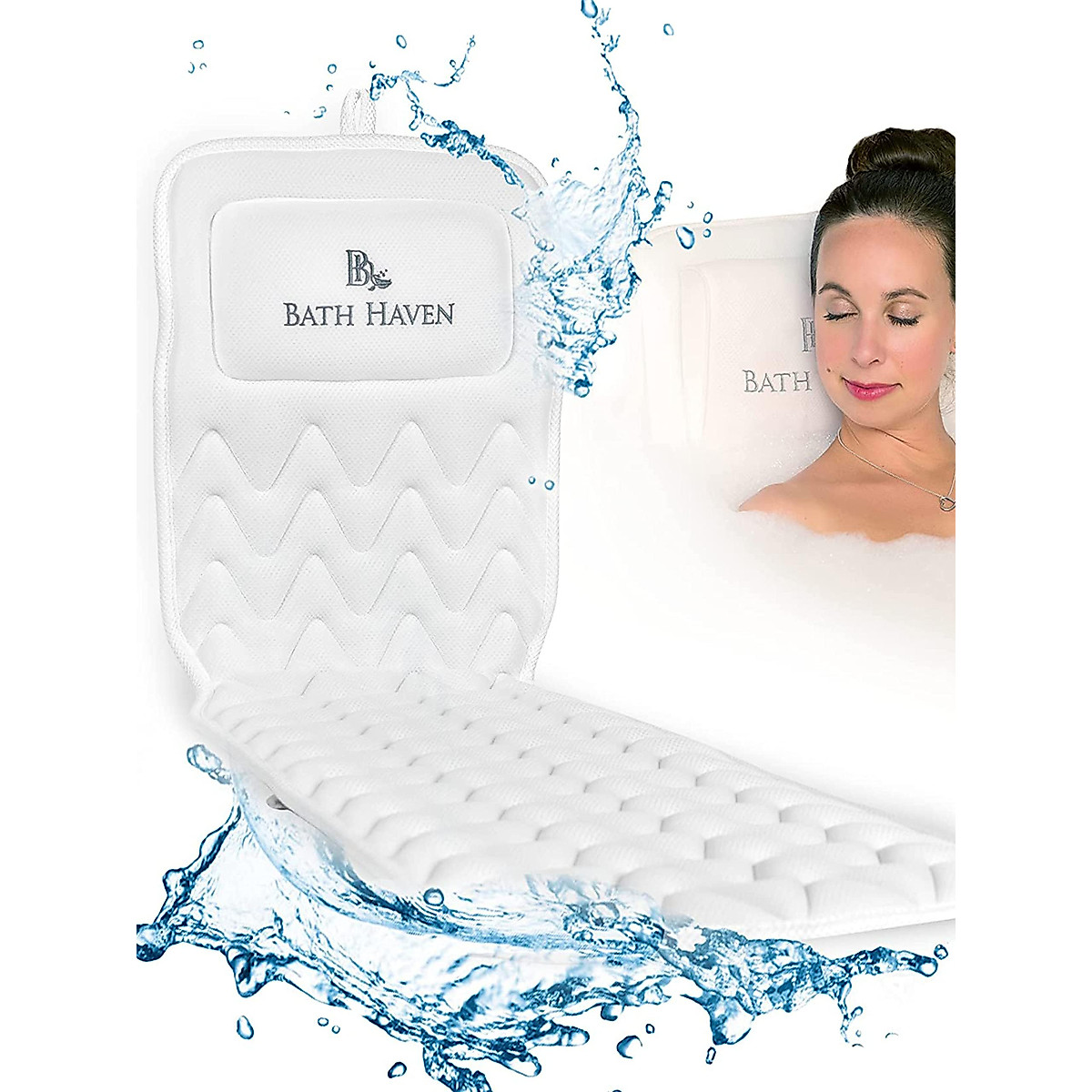 Bath Haven Bath Pillow for Bathtub - Full Body Mat & Cushion Headrest for Women and Men, Luxury Pillows for Neck and Back in Shower Tub or Jacuzzi - Powerful Suction Cups - Spa Accessories (Classic)