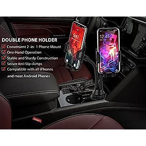 CAVIANA Dual Phone Holder for Car Cup Holder – Long Flexible Neck, 360° Rotatable Car Phone Mount - Adjustable Cell Phone Cup Holder, Universal Size Fits 2 iPhone, Samsung, GPS and More (Cradle)