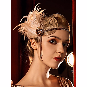 SWEETV 1920s Headpiece Flapper Headband, Rhinestone Pearl Feather Hair Band Great Gatsby Headpiece Accessoreis for Women,Champagne