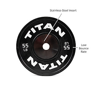 Titan Fitness 55 LB Black Elite Olympic Bumper Plate, Competition Weight Plates, Rubber with Steel Hub Insert, Sold Individually, For Olympic Weightlifting and Cross-Training Workouts