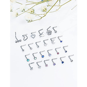 Yaalozei 20G Nose Rings Stud Piercing Jewelry for Women Surgical Stainless Steel Silver L Shaped Bend Curved Opal Nose Stud hypoallergenic Cute Nose Nostril Ring Stud Piercing Jewelry Men Diamond 2MM