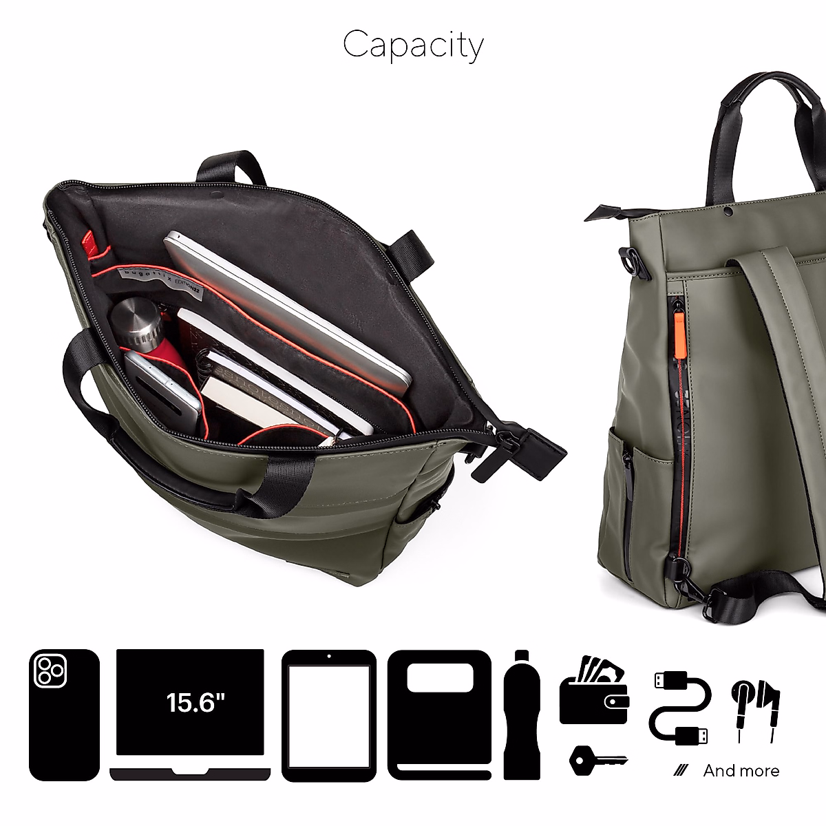 EDITION22 Core Collection 2-in-1 Convertible Tote Bag and Laptop Backpack Side Pockets, Water Repellent Vegan Leather Purse and Bookbag for Work, School, and Travel Essentials, Khaki