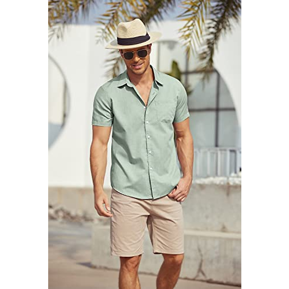 JINIDU Men Linen Shirts Short Sleeve Button Down Shirt Athletic Fit Dress Shirts Light Green
