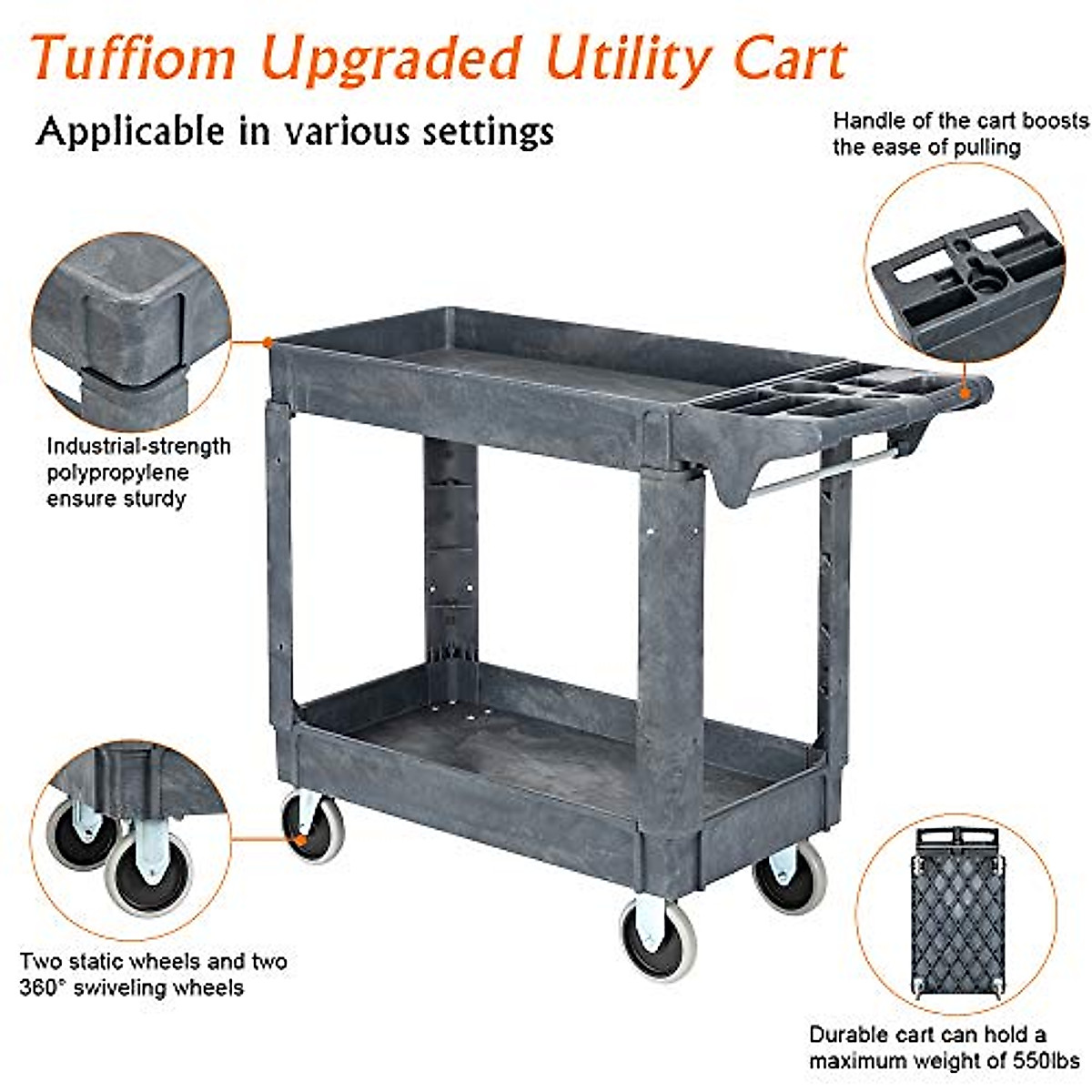 TUFFIOM Plastic Service Utility Cart with Wheels,550lbs Capacity,Heavy Duty Tub Storage Cart W/Deep Shelves, Multipurpose Rolling 2-Tier Mobile Storage Organizer, for Warehouse Garage Industrial Cart