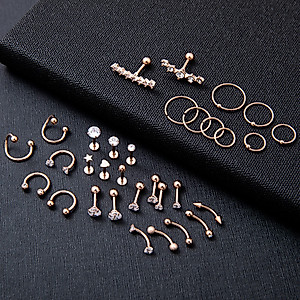 REVOLIA 32Pcs Stainless Steel Cartilage Stud Earrings for Women Conch Helix Tragus Daith Conch Hoop Earing Piercing Jewelry Set Rose-Gold
