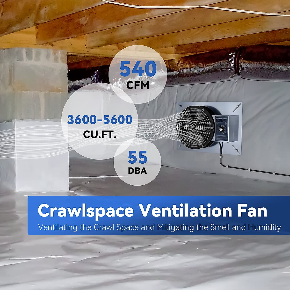 Abestorm 540CFM Crawlspace Ventilation Fans IP-55 Grade Basements Vent Fan 8.7 inches Ventilator Fan with Freeze Protection Thermostat & Dehumidistat for Crawl Space Basement Attic Garage, Exhaust
