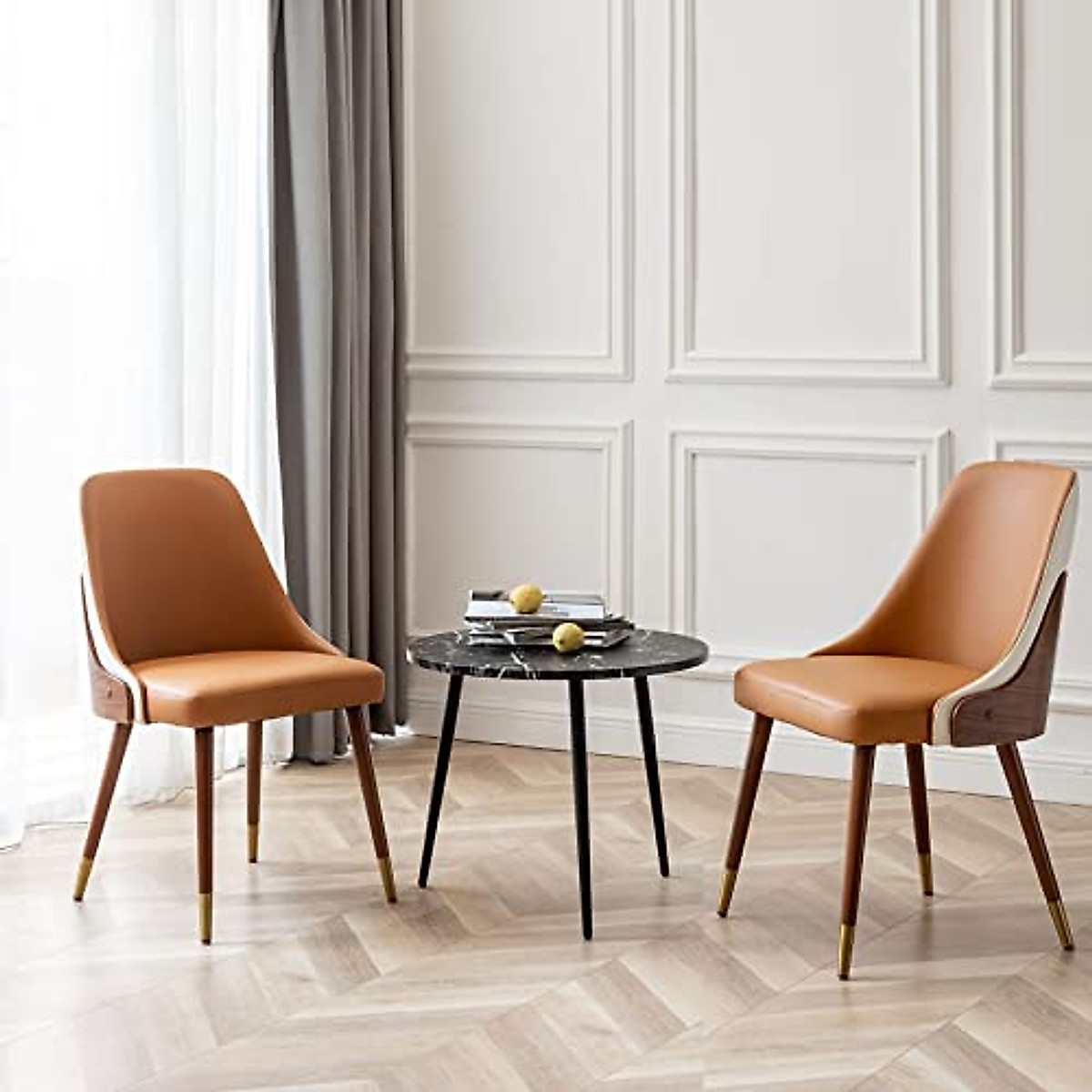 LUNLING Mid Century Modern Dining Room Chairs Faux Leather Upholstered Chairs,Metal Side Chairs with Walnut Wood Frame for Kitchen Dining Living Room Chairs(Orange 1PCS)