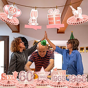 Happy 60th Birthday Rose Gold Table Honeycomb Centerpieces Balloons Theme Decor Table Decorations Table Toppers for Girls Women Sweet Princess 60 Years Old Pink Birthday Party Bday Supplies Ornament