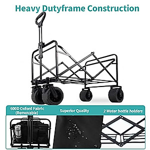 QivvMivo Collapsible Folding Wagon Load 330 Lbs, Heavy Duty Utility Beach Wagon Cart for Sand with Big Wheels, Adjustable Handle&Drink Holders for Garden Outdoor Camping Beach Sports, Grocery (Black)