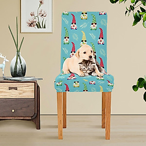 JUNZAN Cute Summer Gnomes with Sunglasses Tropical Plant Blue Chair Back Covers Set of 4 Spandex Folding Chair Covers Large Dining Chair Cover for Folding Chairs Dinning Room