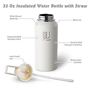 JW Joware 32 oz Insulated Water Bottle with Straw, Stainless Steel Sports Water Bottle with 3 Lids, Leak Proof Water Bottle for Men, Women & Kids, Alabaster White