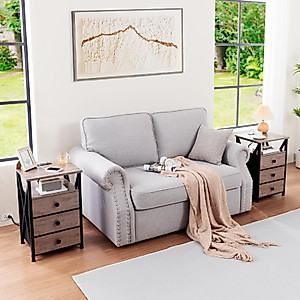 AMHANCIBLE Night Stand Set 2, LED Nightstand with Charging Station, End Side Tables with USB Port & Outlet, Bedside Table with 3 Fabric Drawers for Bedroom Living Room, Greige, HET053LGY