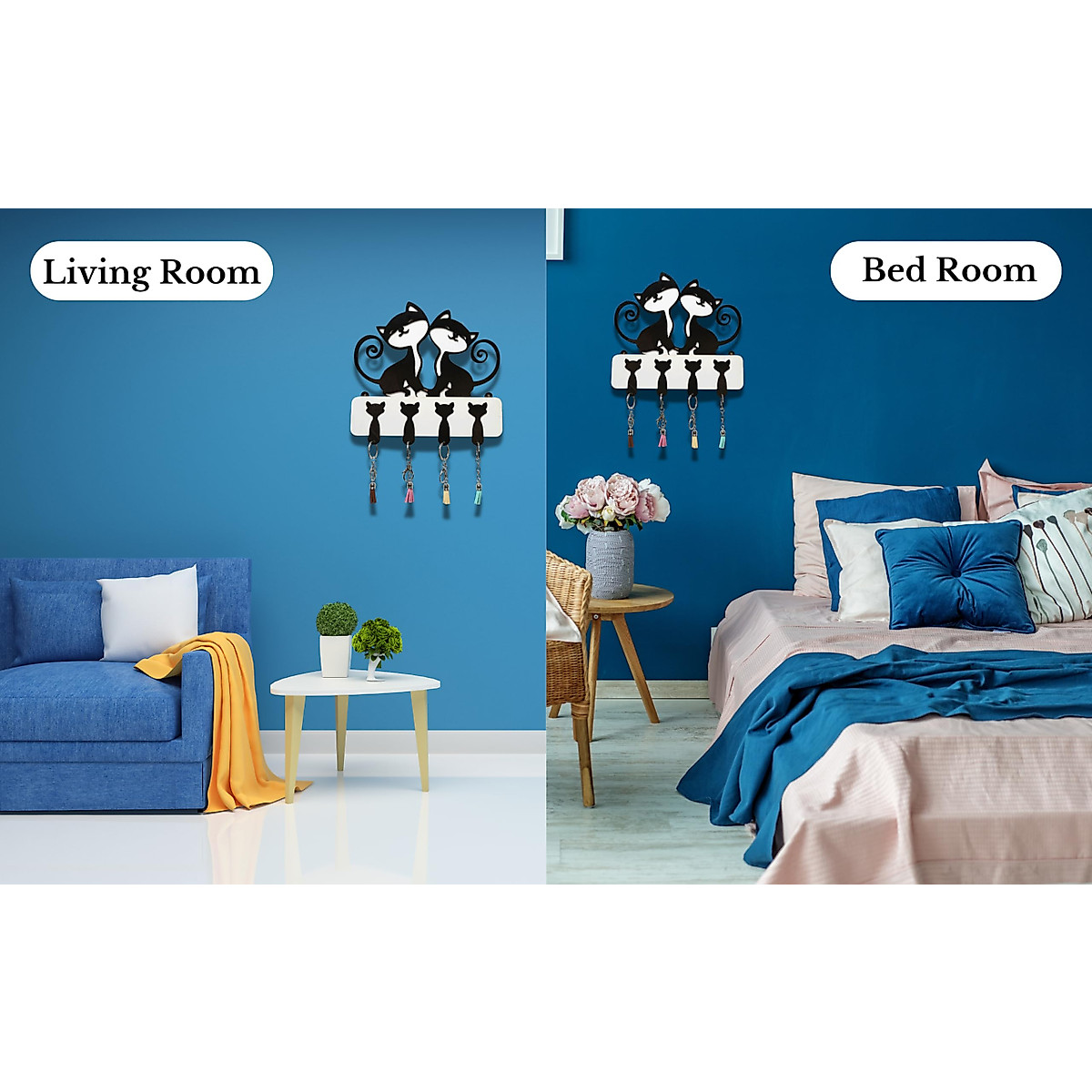 ARCORP Wooden Cat Key Holder for Wall with Four Cute Keychains, Mounting Hardware - Decorative Handcrafted Cat Puzzle Key Organizer and Home Decor - Eco-Friendly Wood Key Hanger