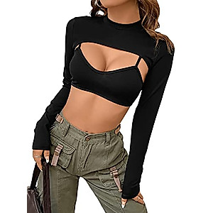 Verdusa Women's 2Pcs Mock Neck Long Sleeve Crop Top Spaghetti Straps Scoop Neck Sleeveless Cami Top Black L