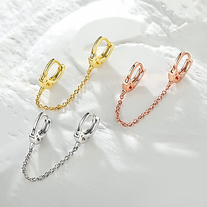 Unique Corn 14K Gold Plated Double Piercing Handcuff Chain Hoop Earrings for Women Two Holes Connecting Earrings (Silver)