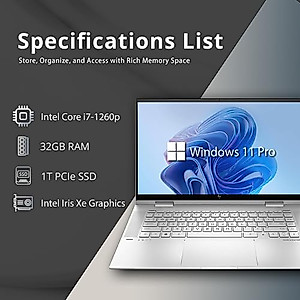 HP Envy x360 2-in-1 15.6” FHD Touchscreen Laptop, Intel Core i7-1260p, 32GB RAM, 1TB SSD, Backlit KB, HD Webcam, Intel Iris Xe Graphics, Wi-Fi, Bluetooth, Win 11 Pro, Silver, 32GB USB Card