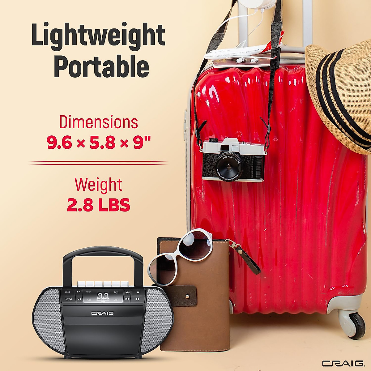 Craig Portable Top-Loading CD Boombox with AM/FM Stereo Radio and Cassette Player/Recorder in Black | Cassette Player/Recorder | LED Display (Black/Gray)