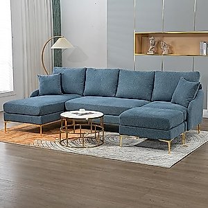 Sudwesto Reversible Sectional Sofa, U-Shape Convertible Sofa Couch, 4-Seat Upholstered Couch with Chaise, Furniture Sets Sectional Couch with Ottoman for Living Room, Apartment, Office (Blue)