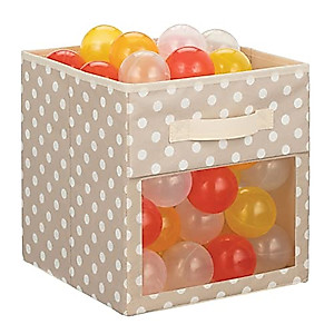 mDesign Fabric Nursery/Playroom Closet Storage Organizer Bin Box, Front Handle/Window for Cube Furniture Shelving Unit, Hold Toys, Clothes, Diapers, Bibs, 4 Pack, Cream/White Polka Dot