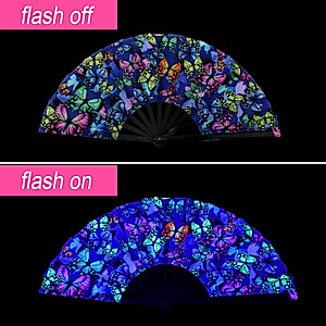 BBTO 4 Pcs UV Glow Large Folding Hand Rave Fan for Men Women Chinese Japanese Bamboo Folding Clack Hand Fan for EDM Music Festival Club Party Dance Performance Gift, 4 Styles, 25"(Fresh)