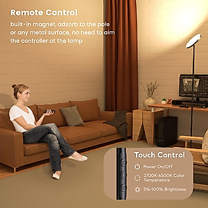 WOWLUMEN Floor Lamp,Bright 36W 3500LM Standing Lamp with Remote, 2700K Soft White to 6500K Cool White Adjustable,Touch Control Dimmable Torchiere Tall Lamp for Living Room,Bedroom,Office,Sofa(Black)