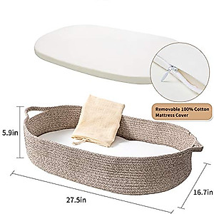 Baby Changing Basket - Moses Basket Changing Table Topper and Thick Foam Pad with Removable Cotton Mattress Cover, 100% Cotton Boho Nursery Decor with Storage Bag (BBYCHGBSKT01)
