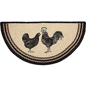 VHC Brands Sawyer Mill Small Jute Half Circle Area Rug Farmhouse Poultry Design, Entryway Kitchen Doormat Non Skid Pad 16.5x33