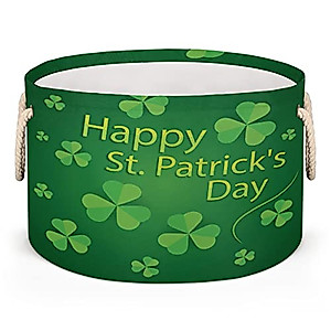 St. Patrick's Day Green Clover Leaves (3) Large Round Baskets for Storage Laundry Baskets with Handles Blanket Storage Basket for Bathroom Shelves Bins for Organizing Nursery Hamper Girl Boy