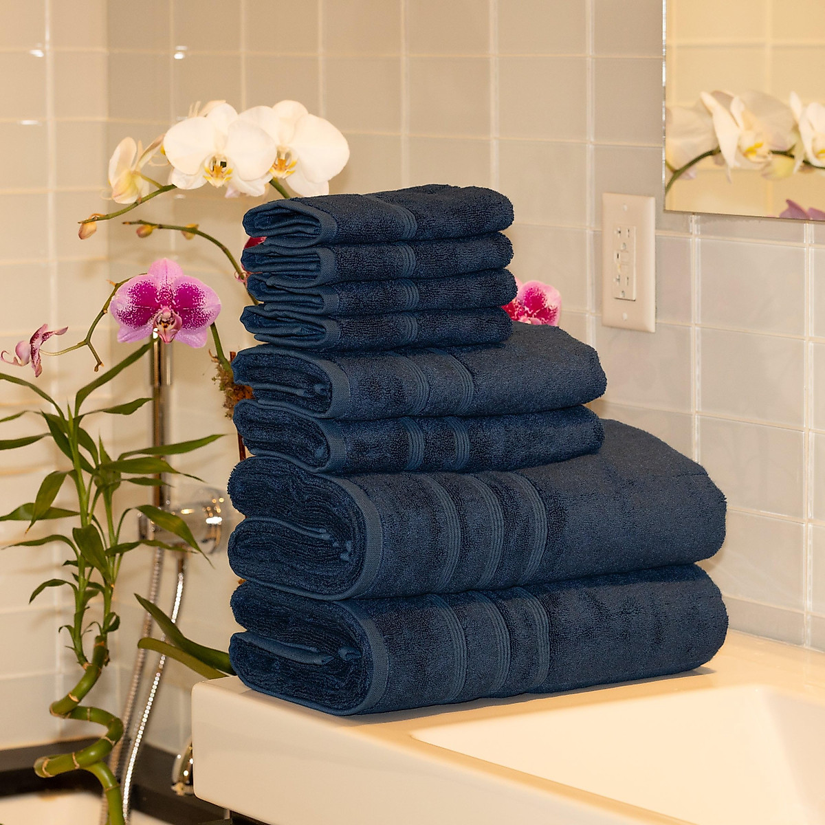 Mosobam Luxury Turkish 8pc Towel Set 30X58 16X30 13X13 Navy Blue 700 GSM Bamboo Viscose & Aegean Turkish Combed Cotton