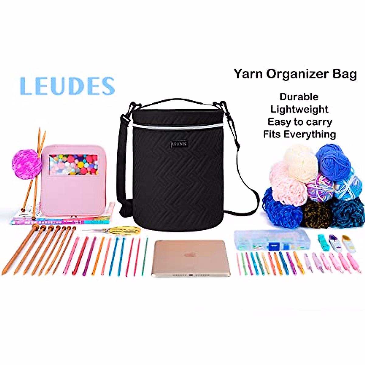 Yarn Bag,Leudes Crochet Tote Knitting Bag Water Resistant Yarn Storage Organizer Holder Case for Crochet Hooks Needles Knitting Kit for Beginners (Black)