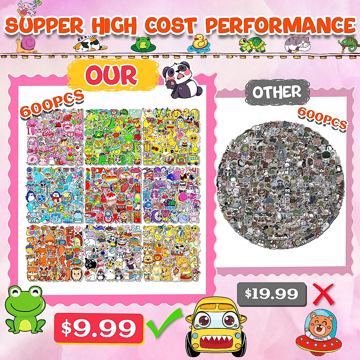 LIFEBE 600Pcs Cute Animal Stickers, Waterproof Vinyl Cute Aesthetic Stickers for Water Bottle, Skateboards and Notebooks, Laptop Stickers for Teens Girls Kids Adults