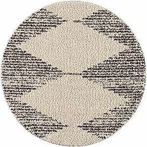 Hauteloom Berber Shag Collection - Howth Farmhouse Living Room Bedroom Round Area Rug with Tassel - Fluffy Plush High Pile Carpet - Southwestern Bohemian Tribal Style - Beige, Black - 7'10" Circle