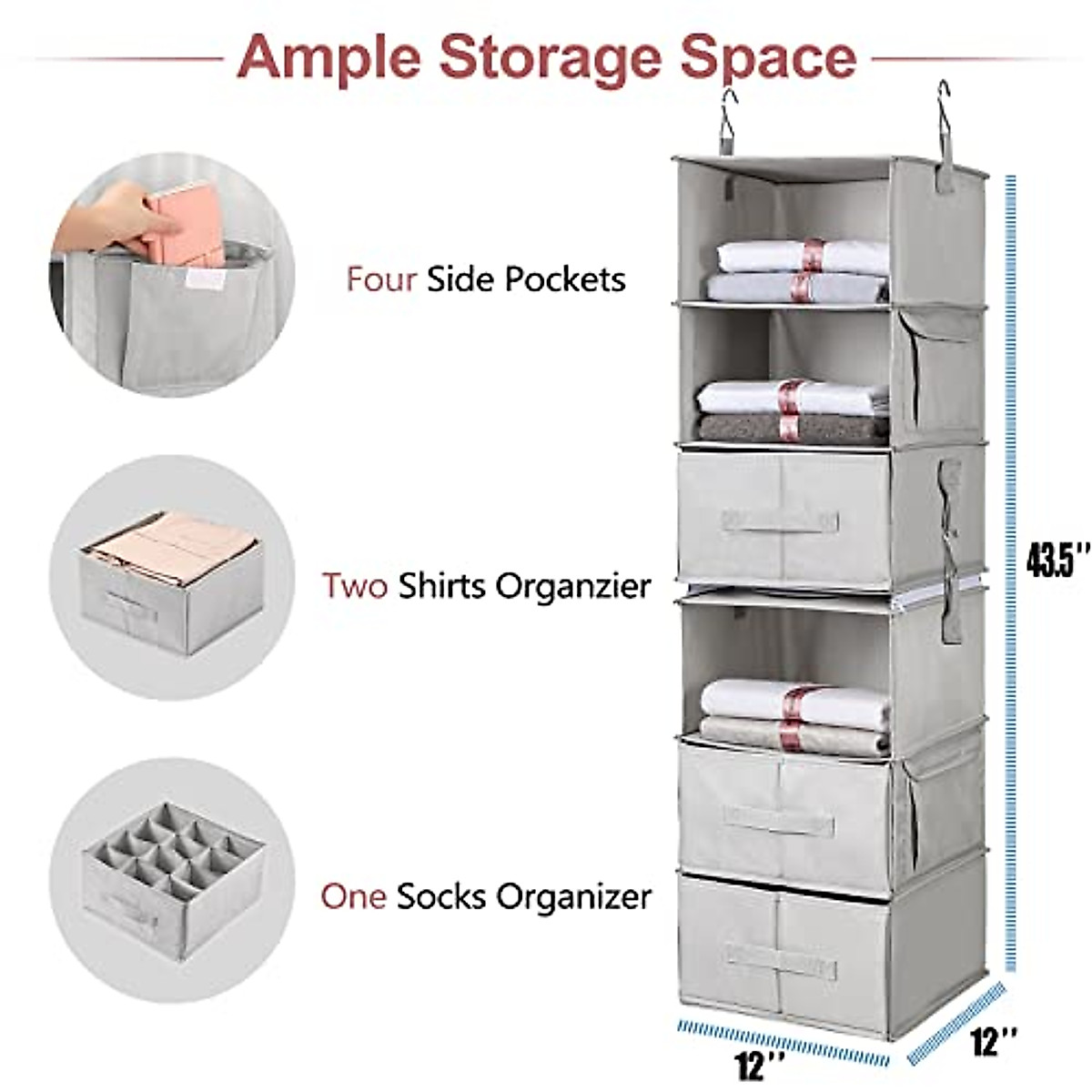 Vailando 6-Shelf Hanging Closet Organizer, 2 Separable 3-Shelf Hanging Shelves with 3 Drawers for Wardrobe, Nursery, Baby Clothes Organization and Storage