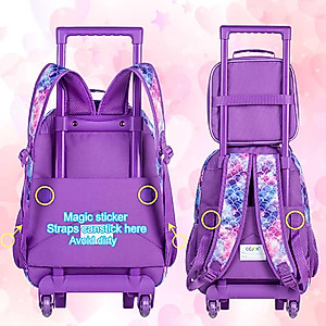 CCJPX 3PCS Mermiad Rolling Backpack for Girls, Kids Roller Wheeled Bookbag Toddler Elementary School Bag with Wheels - Purple