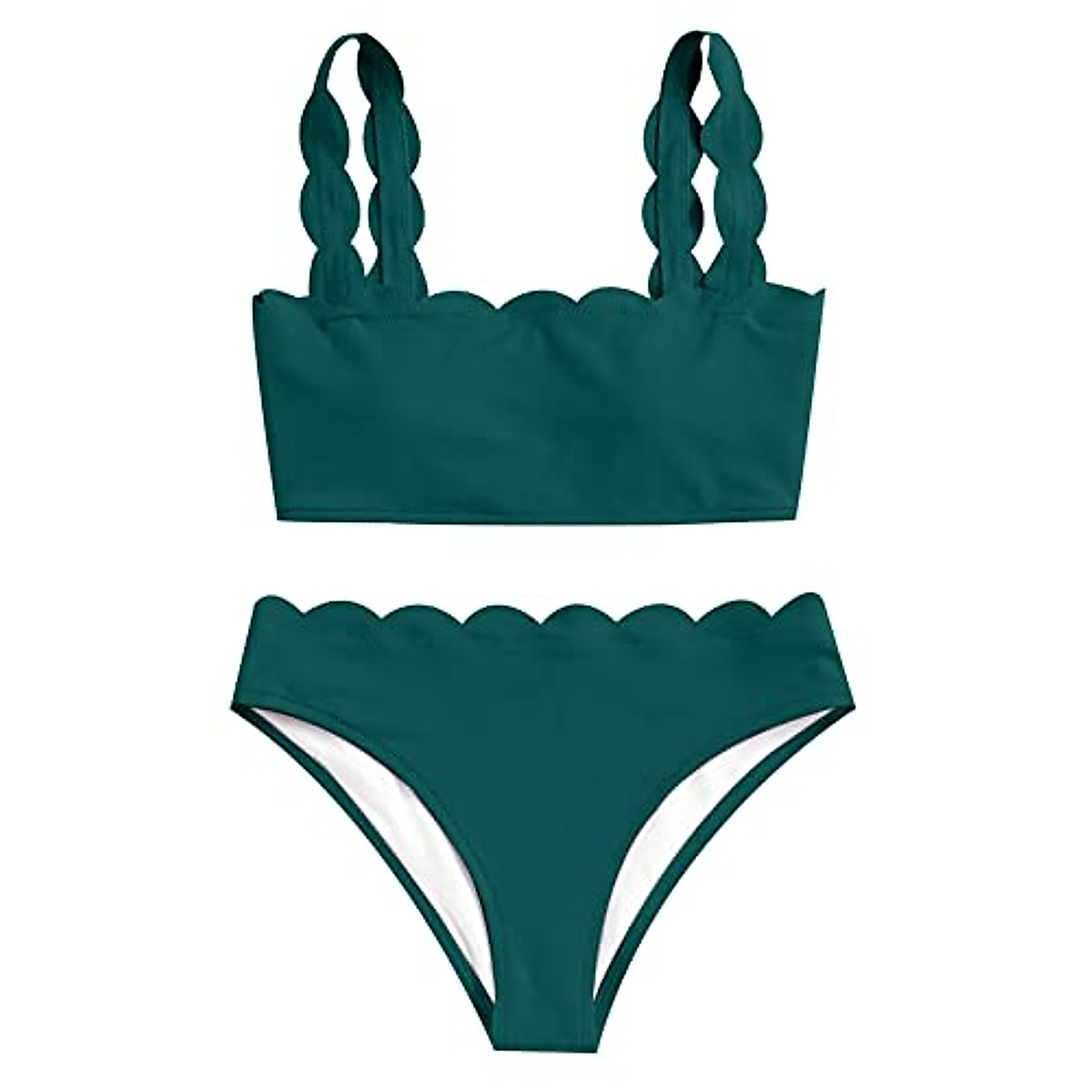 ZAFUL Scalloped Swimsuits for Women High Waisted Bikini Sets Padded Tummy Control 2 Piece Swimwear 7-Deep Green M