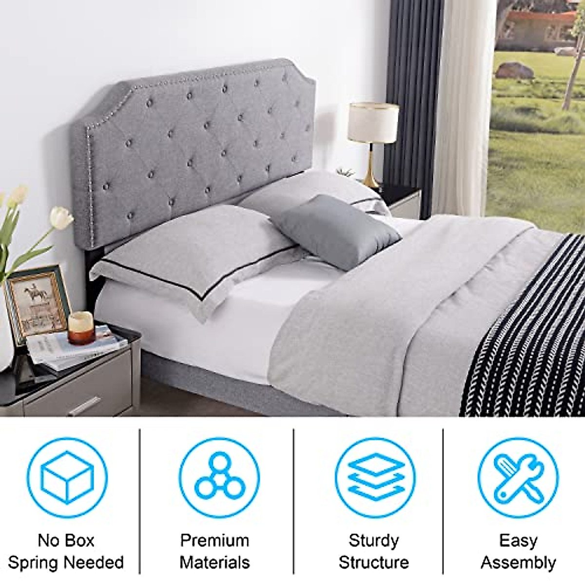 QZhommer Full Size Bed Frame, Modern Upholstered Platform Bed with Adjustable Button Tufted & Riveted Headboard with Wood Slat Support, Easy Assembly, No Box Spring Needed(Grey)