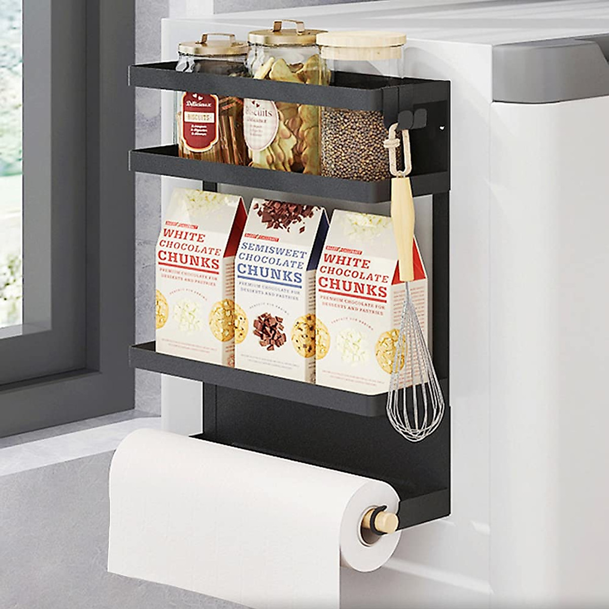 Magnetic Spice Rack, Strong Magnet 2-Tier Shelf with Paper Towel Holder, Magnetic Fridge Organizer for Refrigerator in Kitchen