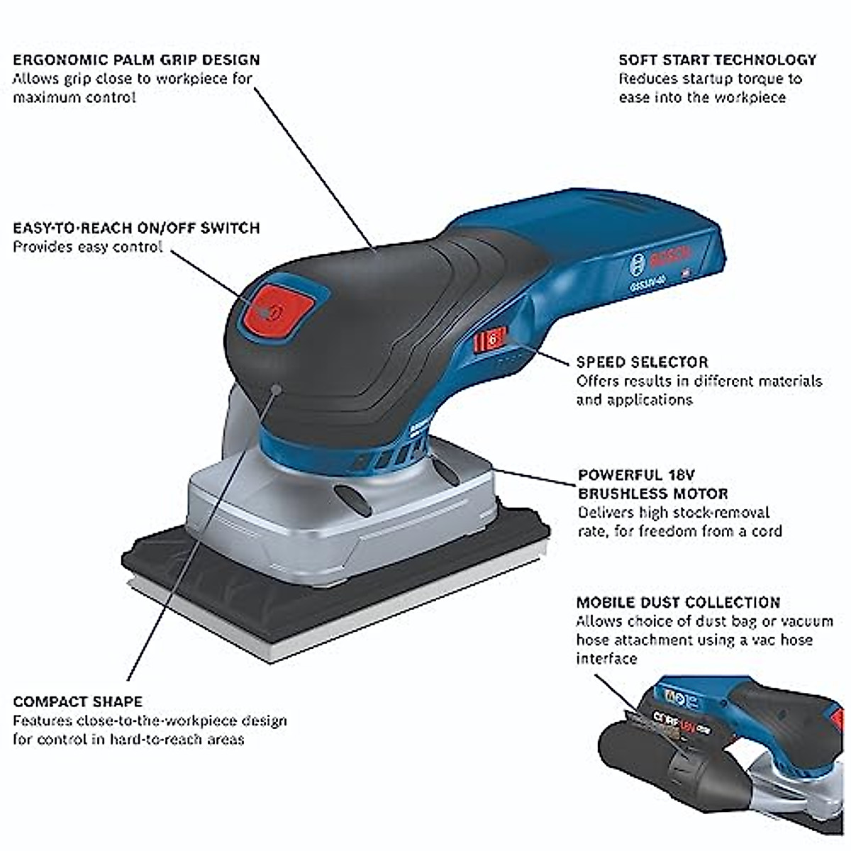 BOSCH GSS18V-40N 18V Brushless Sheet Orbital Finishing Sander with Dust Bag, 1/4 Sheet and 1/3 Sheet (Bare Tool)