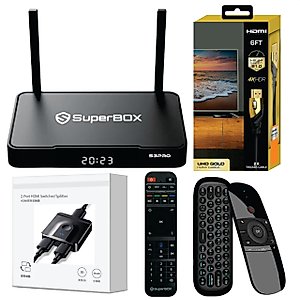 S3 Pro Android Tv Box Power up with Hdmi Gold Plate OLED 4K Extra Air Mouse 2.4GHz Mini Keyboard HDMI Switcher/Splitter 2 Input 1 Output Supports 4K HDR Compatible with PS5, PS4, Xbox, Switch, PC