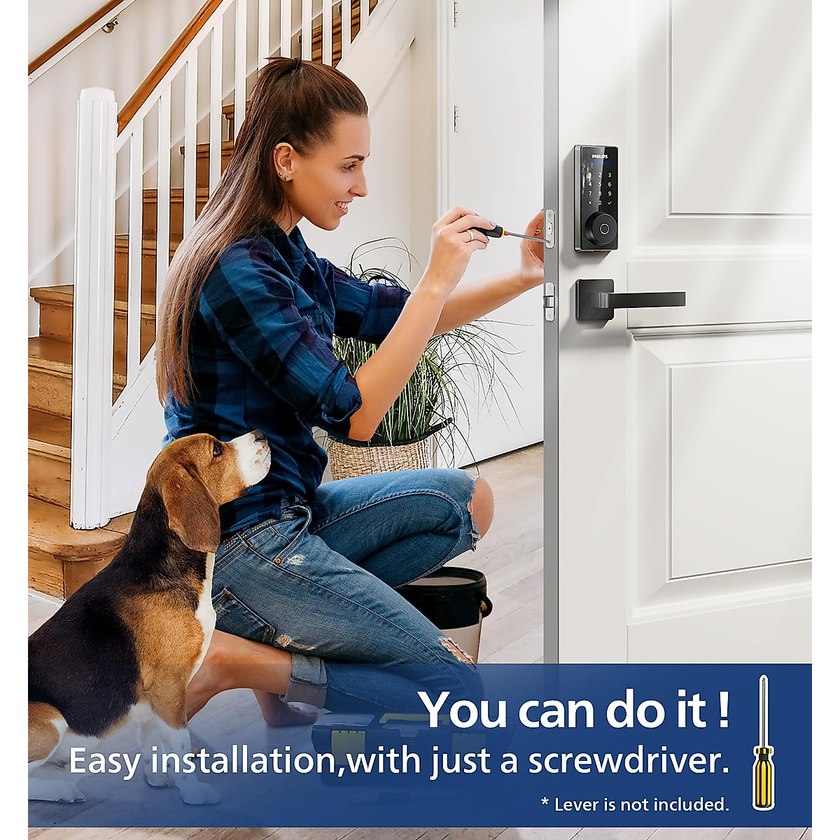 Philips Fingerprint Door Lock, Keyless Entry Door Lock, Electronic Door Lock, Touchscreen Keypad Deadbolt - Easy Installation and Set up - Satin Nickel